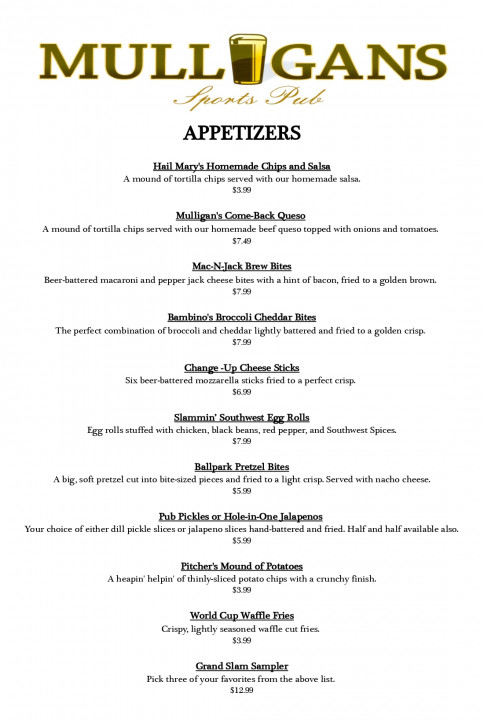 Menu | Mulligan's Sports Pub