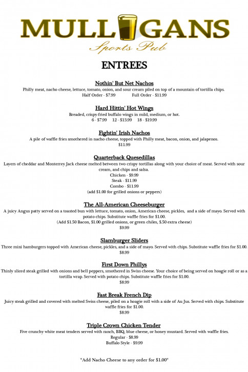 Menu | Mulligan's Sports Pub